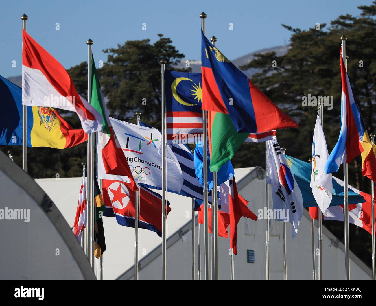National flags are hoisted at the Olympic Village of the 2018 ...