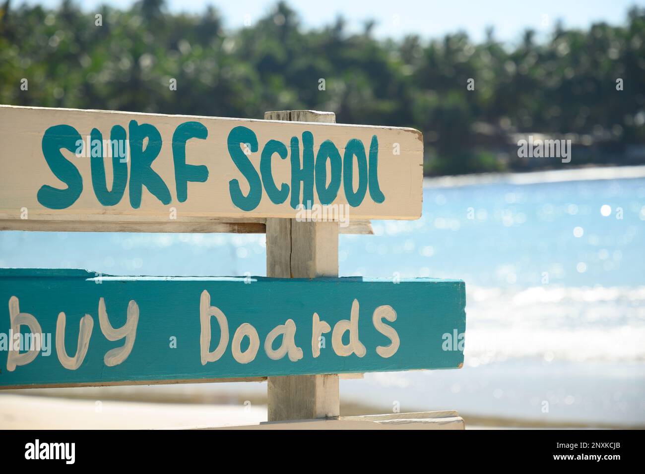 Surf school and lessons sign on tropical beach with big wave Stock ...