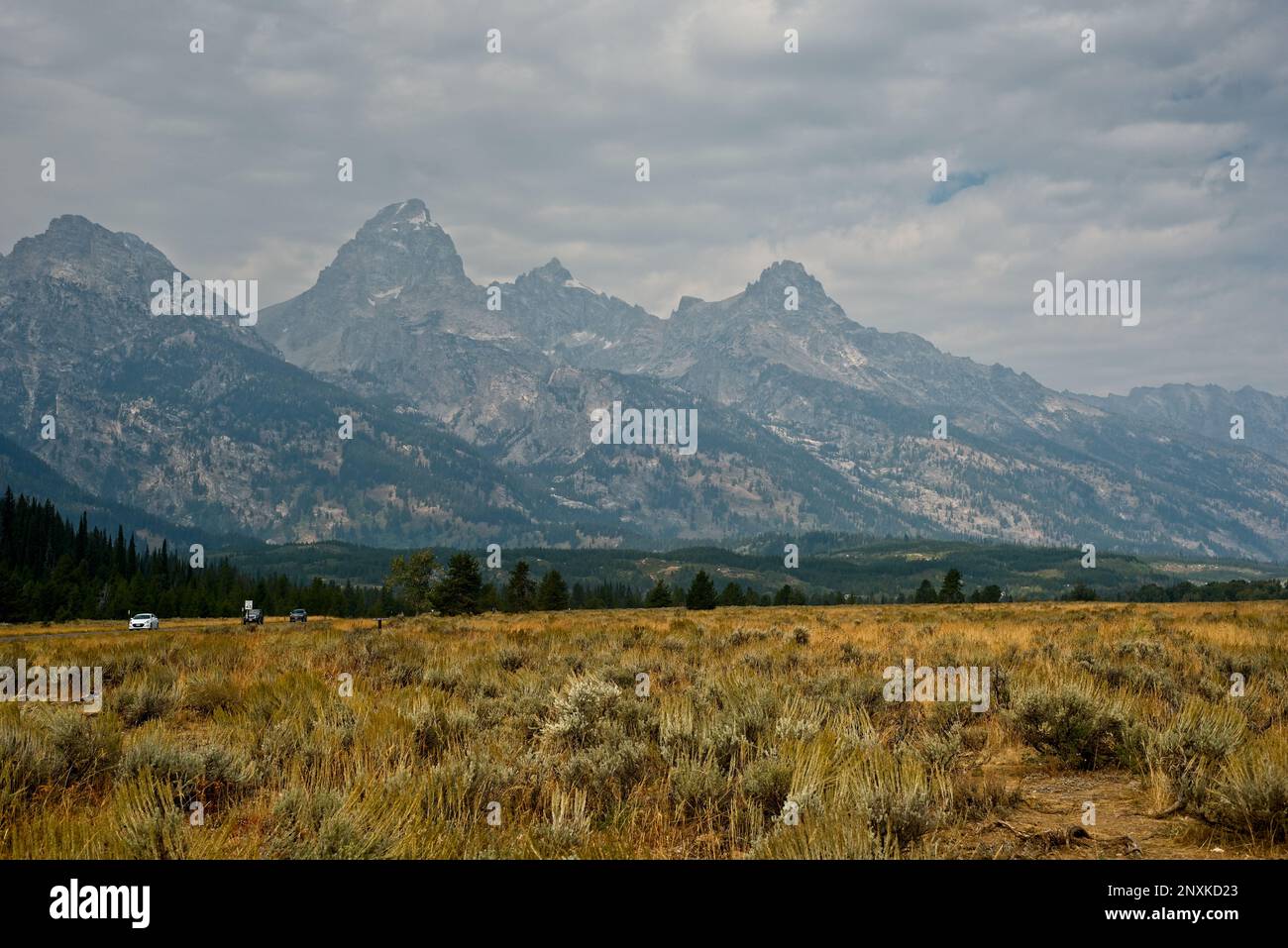 The Grand Teton range seen from the Windy Point lookout on a cloudy ...