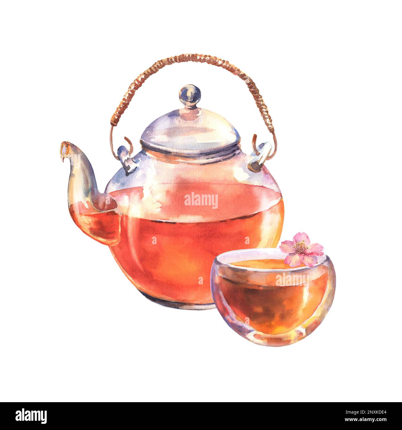 Watercolor asian tea composition with transparent teapot and cup of tea ...