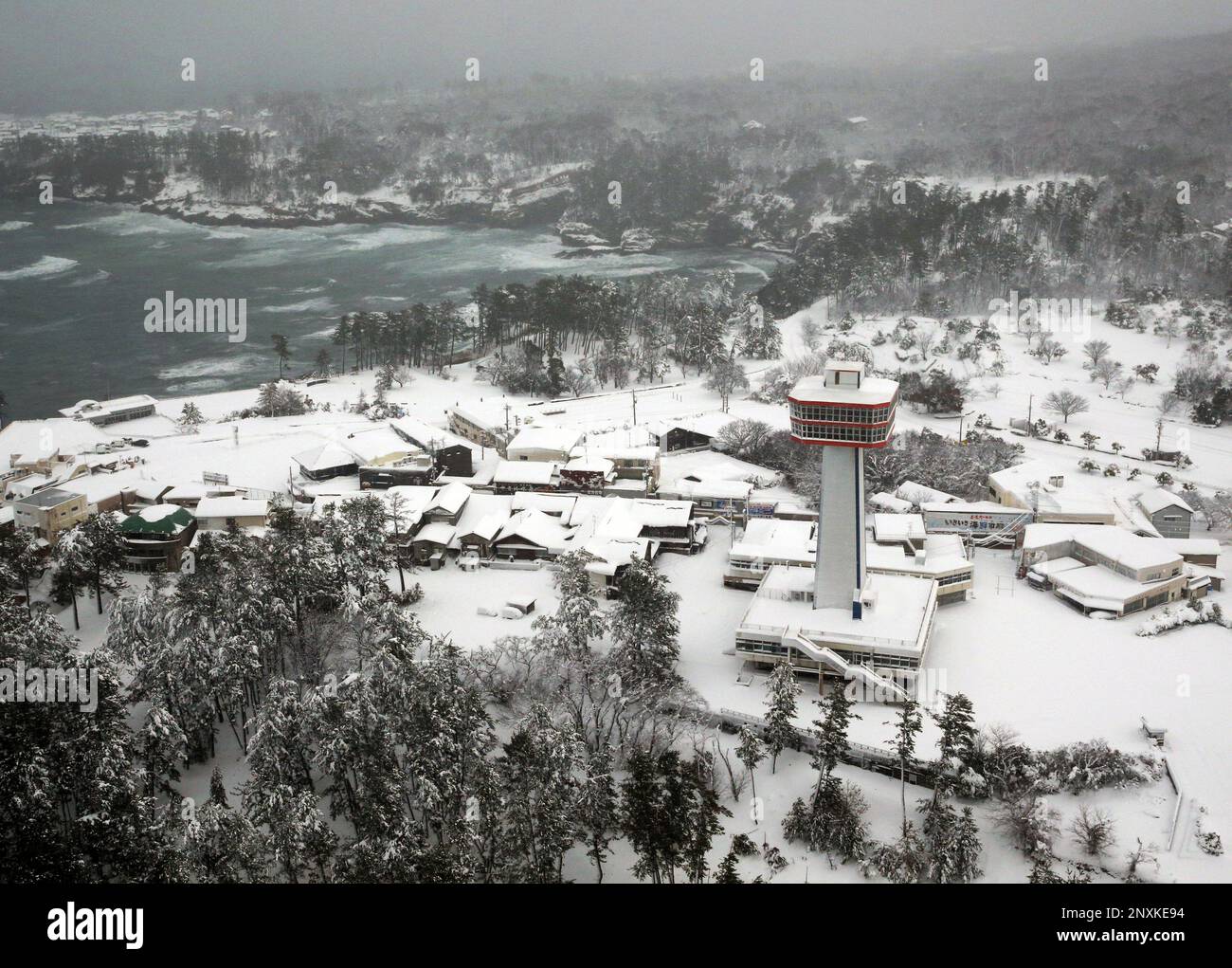 An aerial photo shows Tojinbo, pyroxene andesite cliffs on the Sea of ...