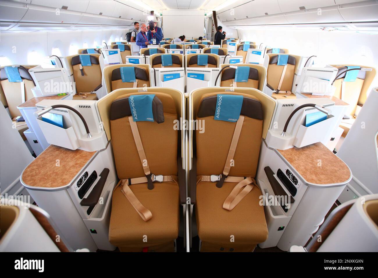 A mockup business class section in the Airbus A350-1000. Airbus is ...