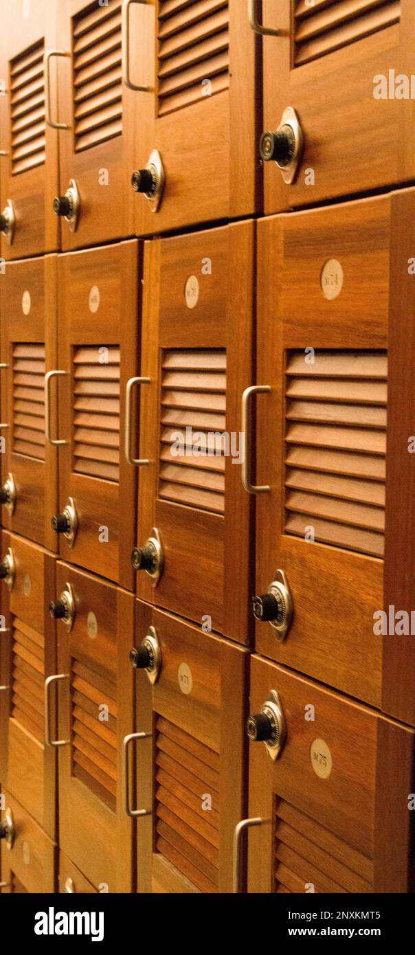 CHICAGO, ILLINOIS, UNITED STATES - Dec 11, 2015: Wooden lockers with ...