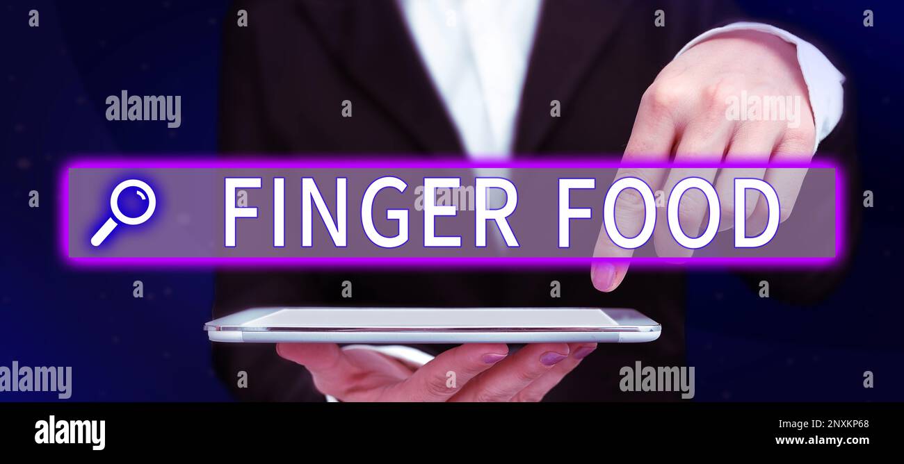 Handwriting text Finger Food. Business concept products and digestives ...