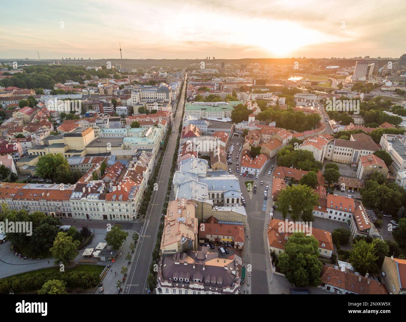 Vilnius Old Town And Gediminas Avenue. Lithuania, Sunset Sky Stock ...