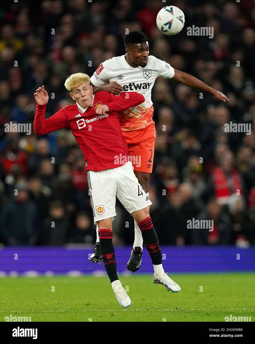 Manchester United's Alejandro Garnacho (left) and West Ham United's Ben ...