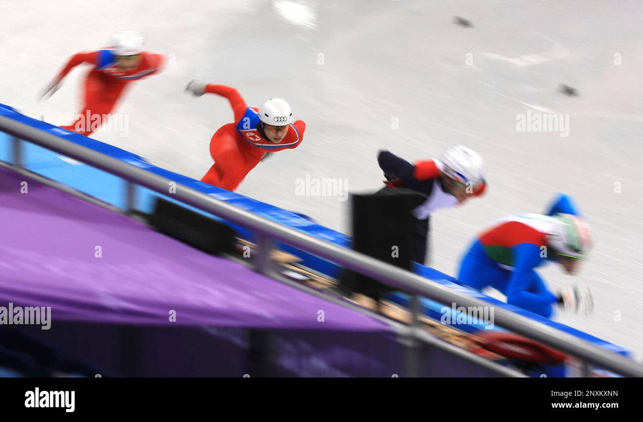 North Korean skaters (red racing wear) practice for the PyeongChang ...