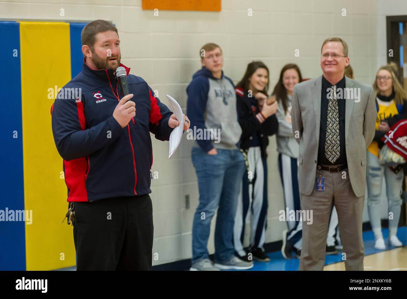 Lewis Cass High School Assistant Principal Andy Smith reads off the ...