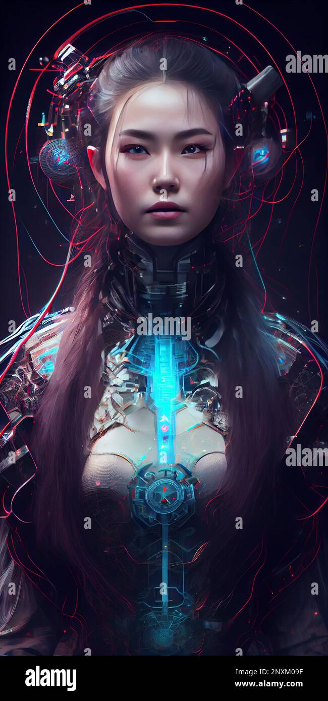 oriental cyberpunk female neon warrior in metal armor, futuristic ...