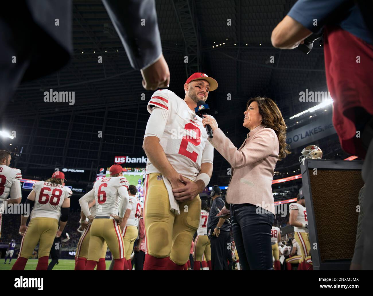 In an Aug. 28, 2017 photo, Michele Tafoya interviews San Francisco quarterback Brian Hoyer on ...