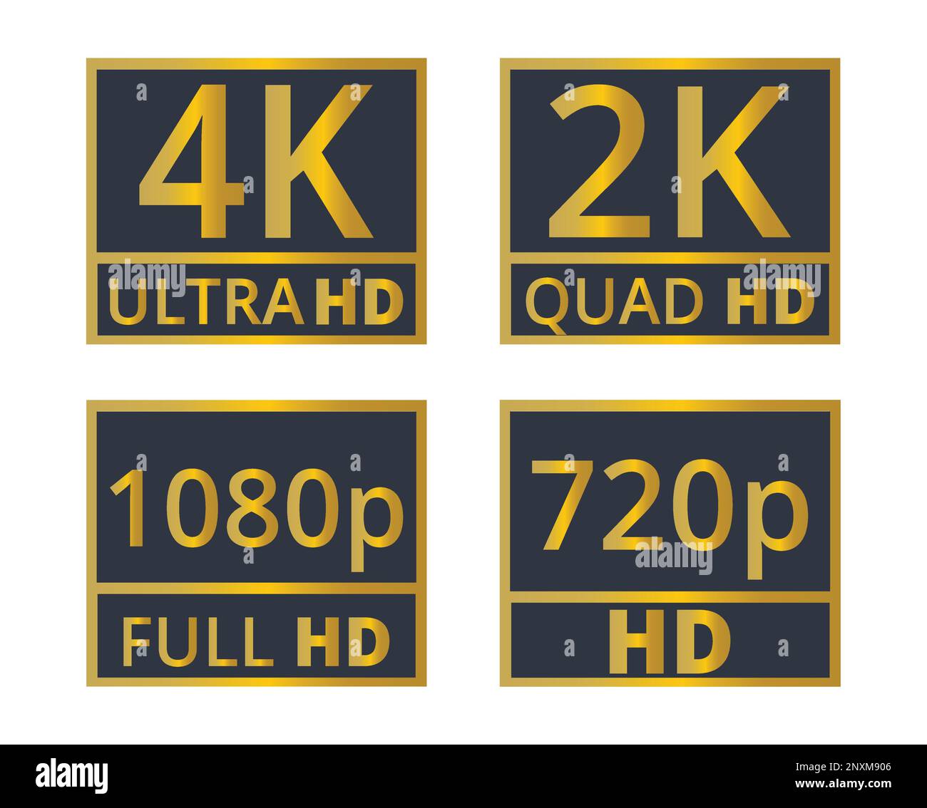 Golden set of resolution symbols. 2k, 4k, 1080p y 720p signs Stock ...