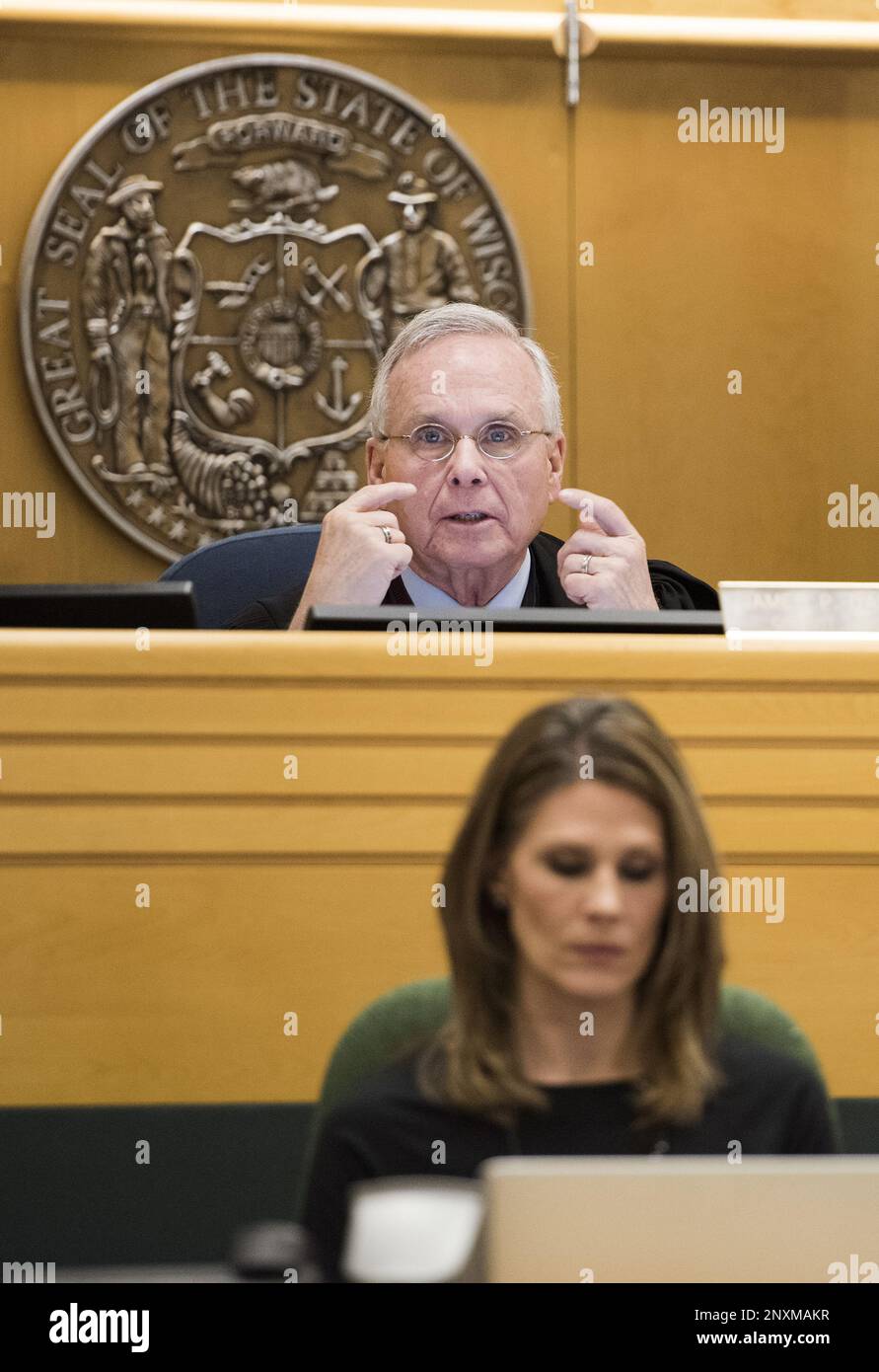 Judge James Daley addresses potential jurors as they walk into the ...