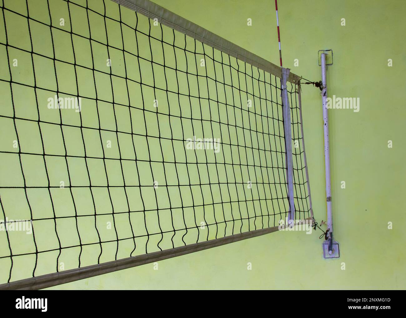 volleyball net on a yellow background. in the gym Stock Photo - Alamy