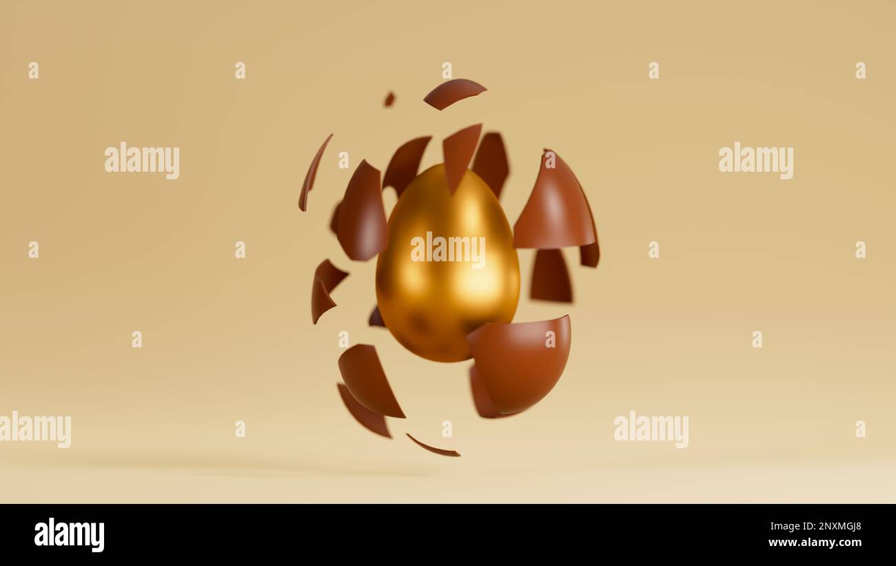 Chocolate egg shell peel and fly away revealing golden easter egg ...