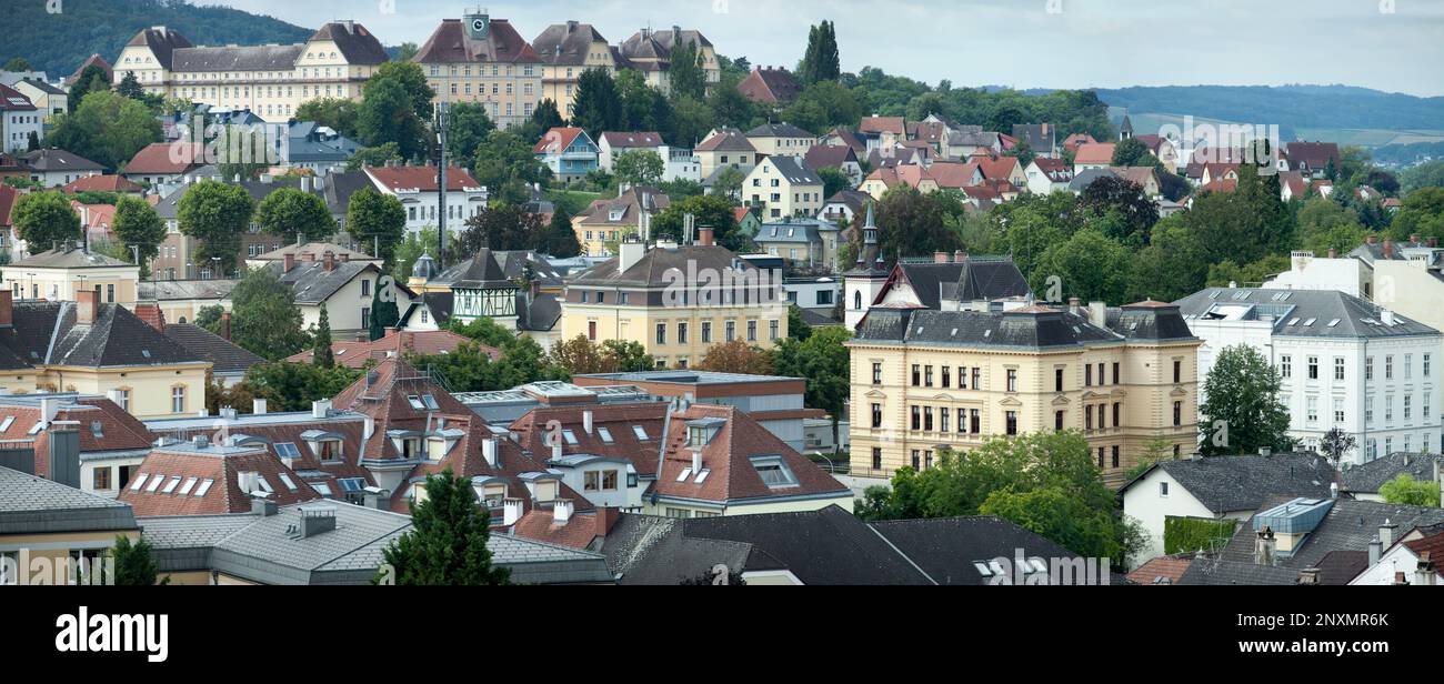 The panoramic view of historic Melk town buildings and rooftops ...