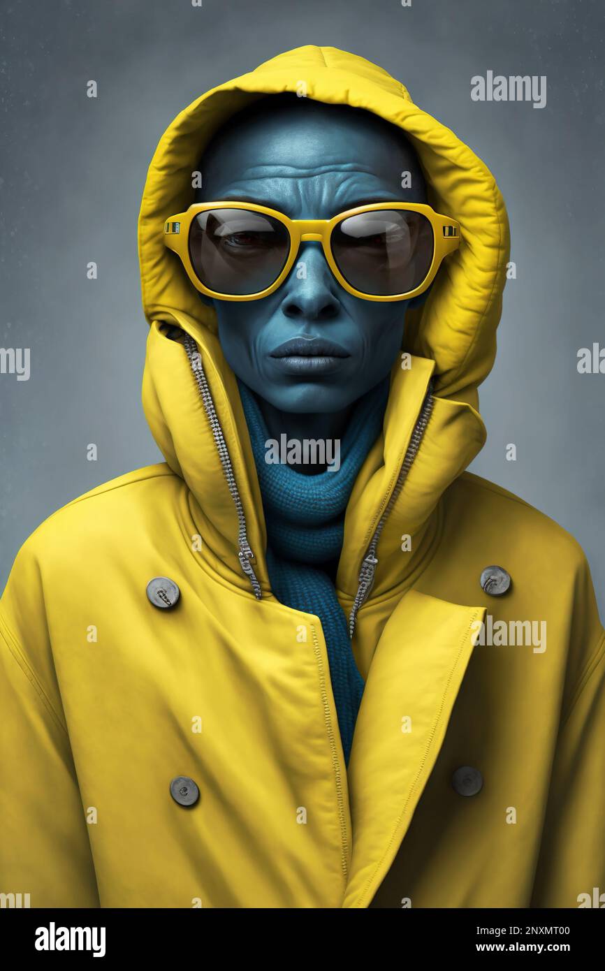 Alien humanoid wearing trendy yellow raincoat and sunglasses ...