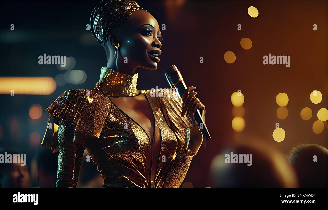 golden african woman singing in dark night, club, scene, beautiful ...