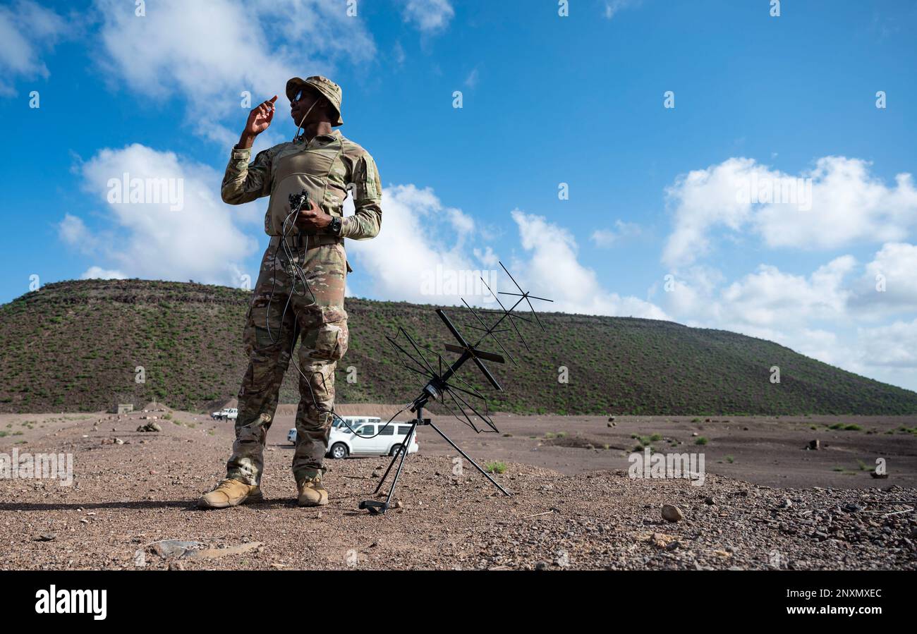 A U.S. Army soldier sets up communications during an East Africa ...