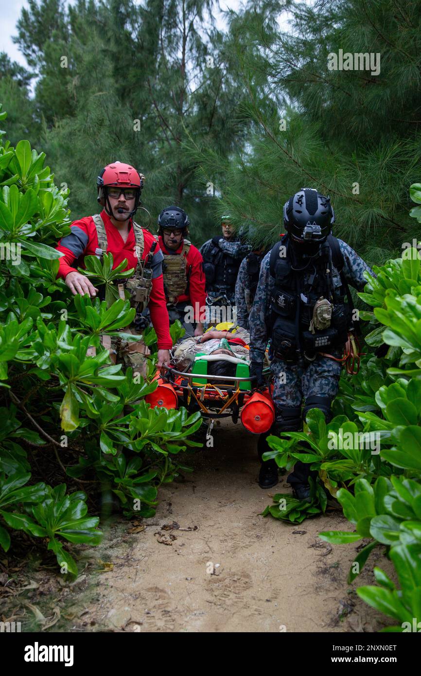 Japan Air Self-Defense Force and U.S. Air Force pararescuemen carry a ...