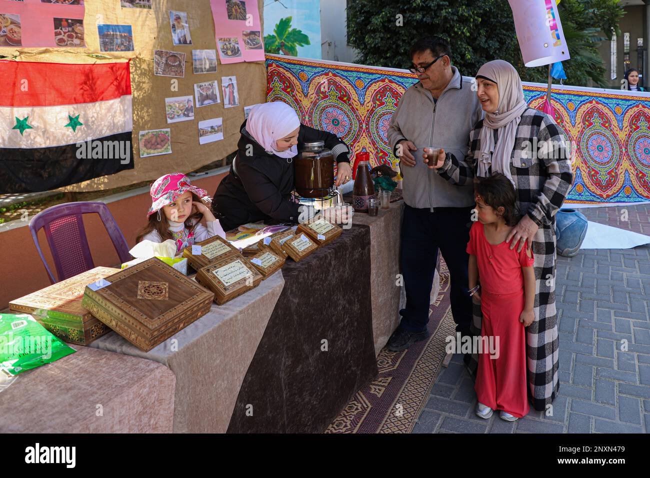Gaza. 1st Mar, 2023. People visit a bazaar showing customs and ...