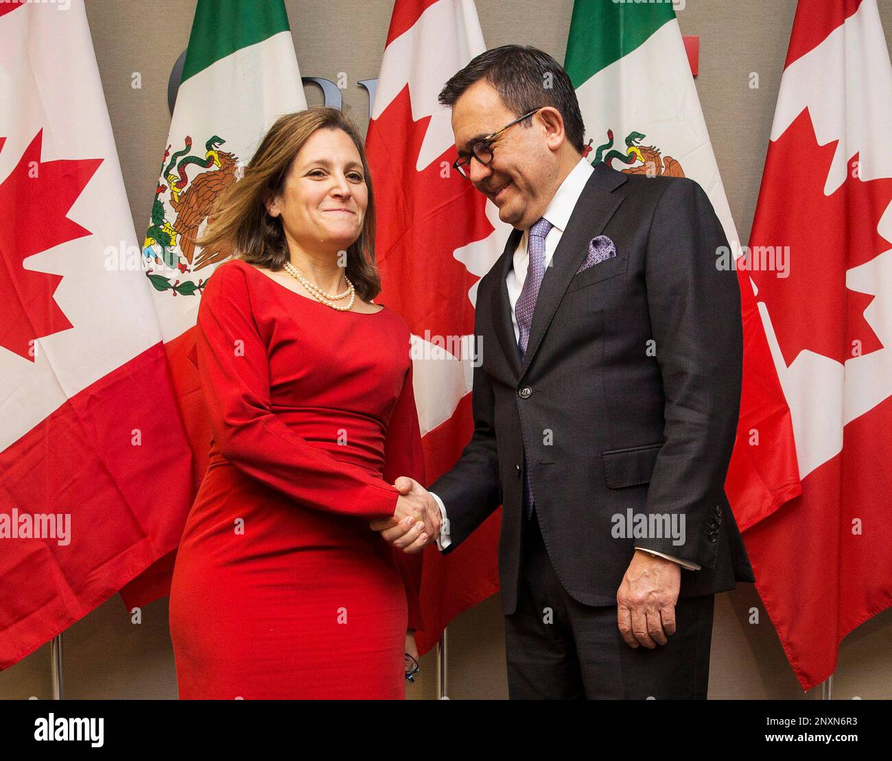 Canada's Minister of Foreign Affairs Chrystia Freeland, left, poses for ...
