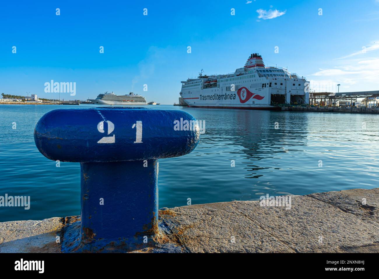 MALAGA, SPAIN - JANUARY 14, 2023: Mooring bollard on ferry background ...