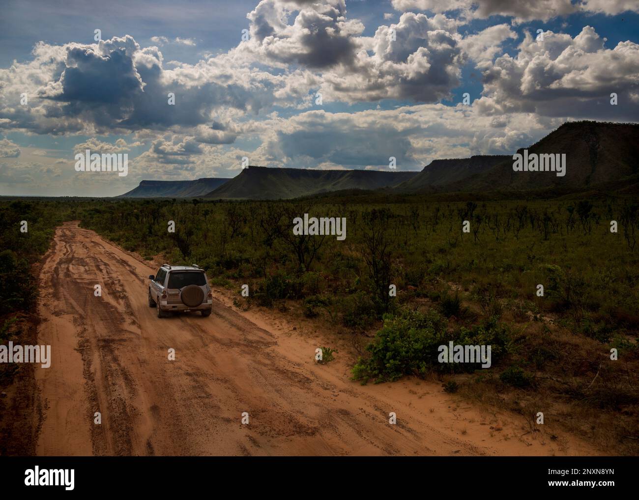 off road car on sandy road with mountains in the background - Jalapão ...