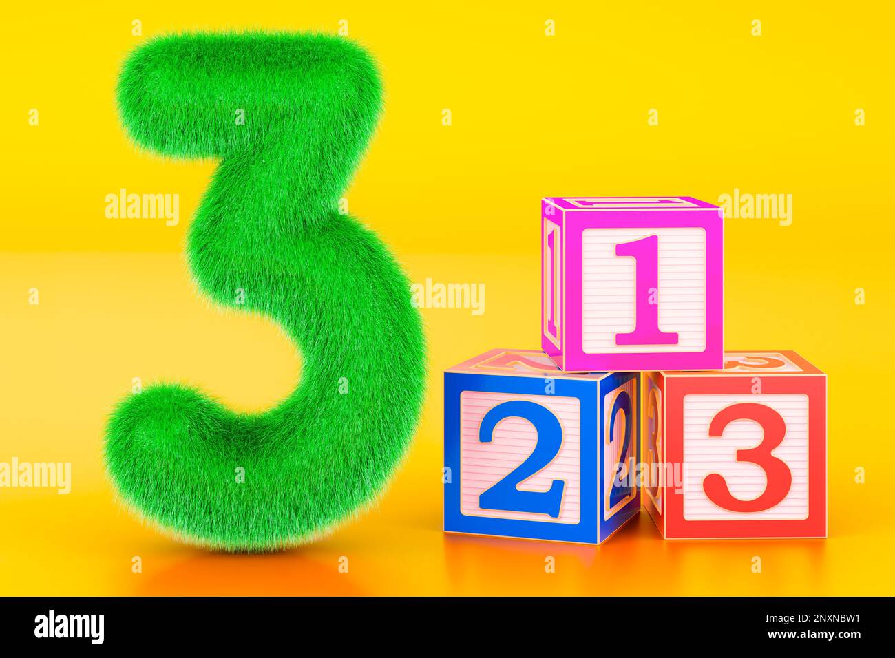 Kids fluffy number 3 with three abc cubes, 3D rendering on orange ...