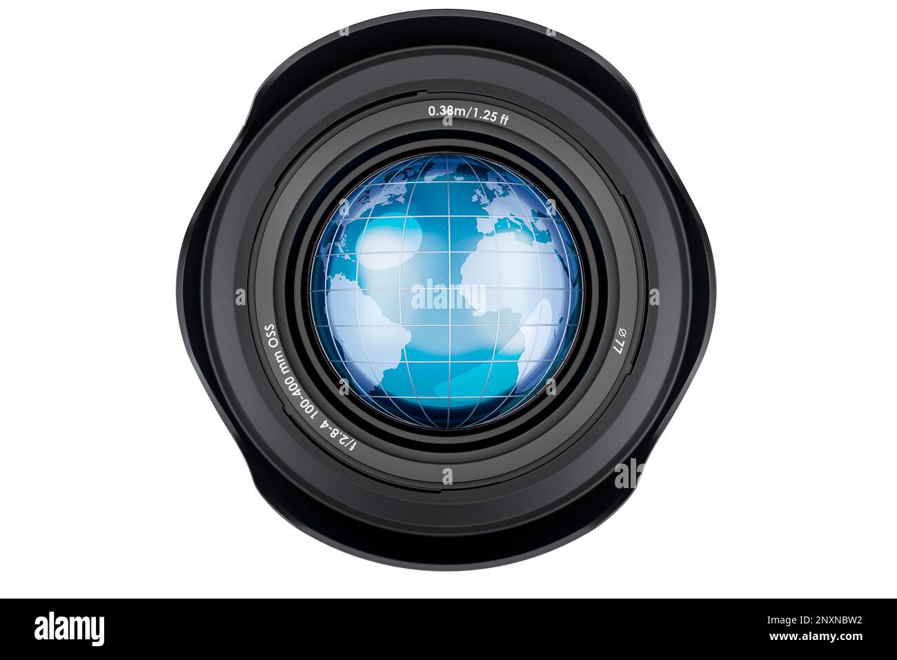 Digital camera photo lens with Earth Globe inside, 3D rendering ...