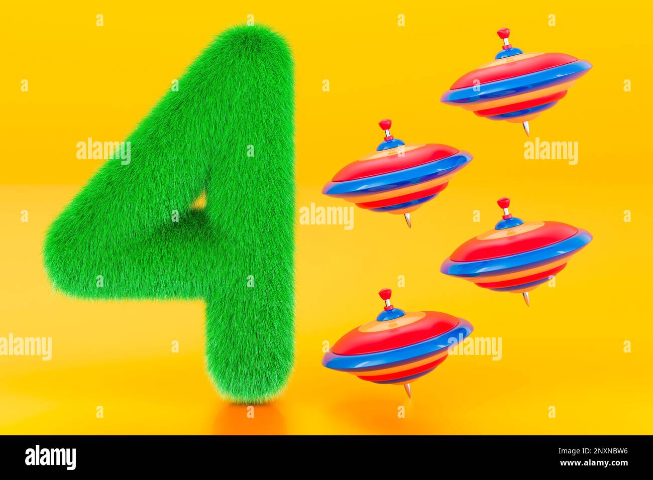Kids fluffy number 4 with four whirligig tops, 3D rendering on orange ...