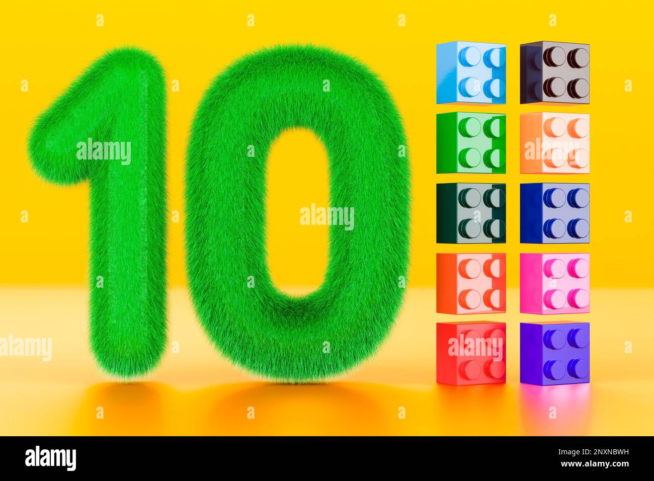 Kids fluffy 10 with ten colorful building toy blocks, 3D rendering on ...
