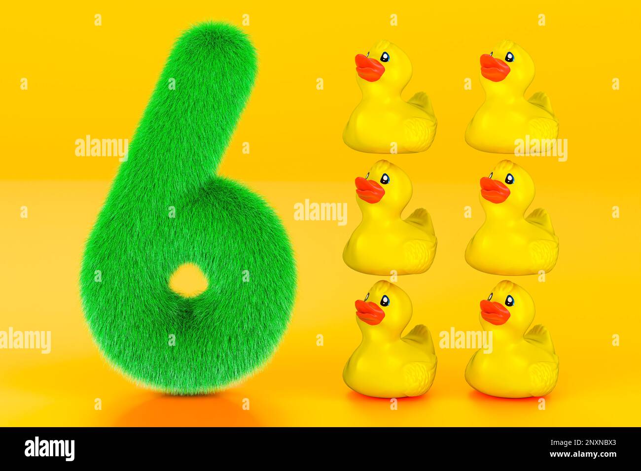 Kids fluffy number 6 with six rubber ducks, 3D rendering on orange ...
