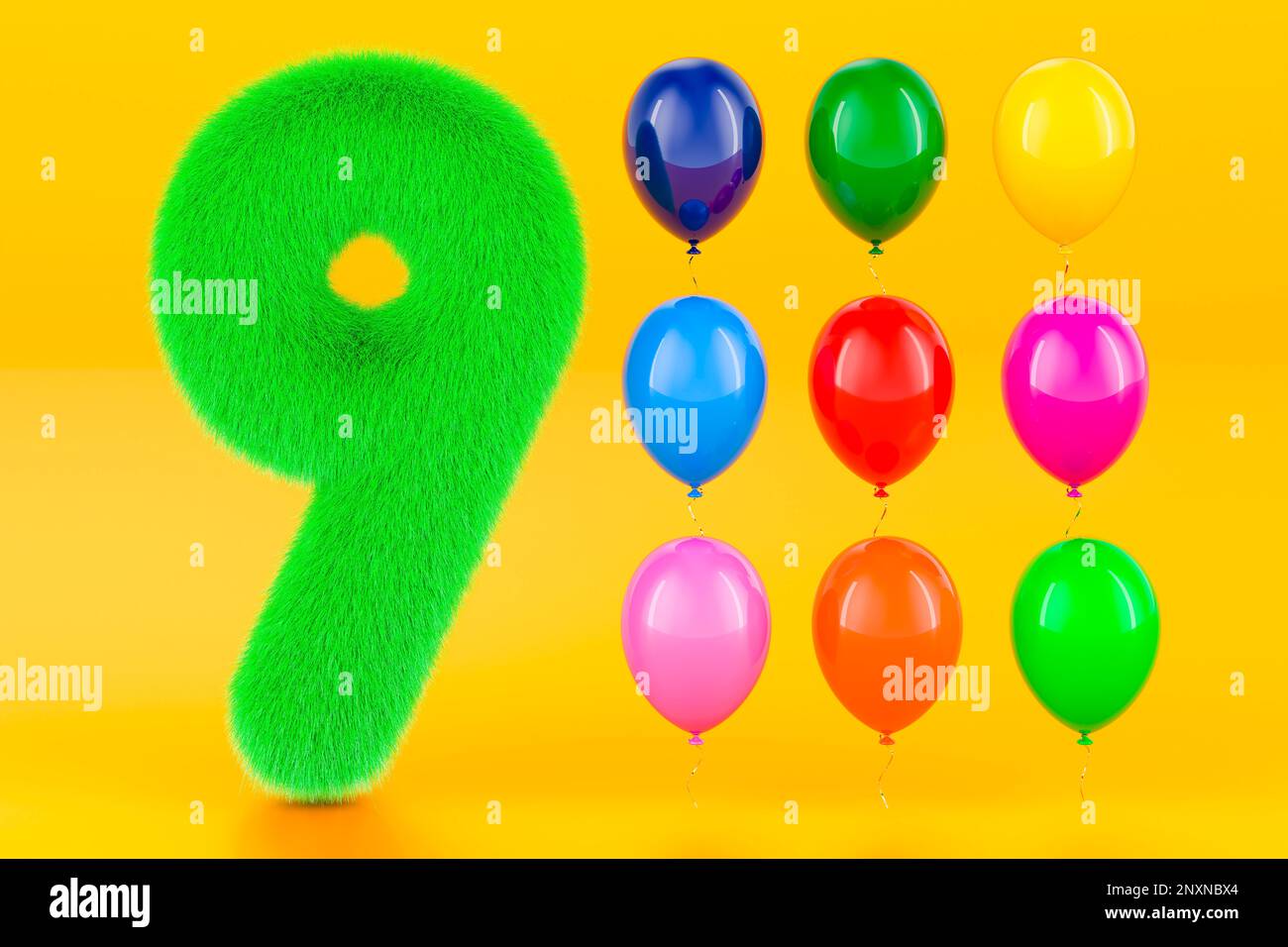 Kids fluffy number 9 with nine colored balloons, 3D rendering on orange ...