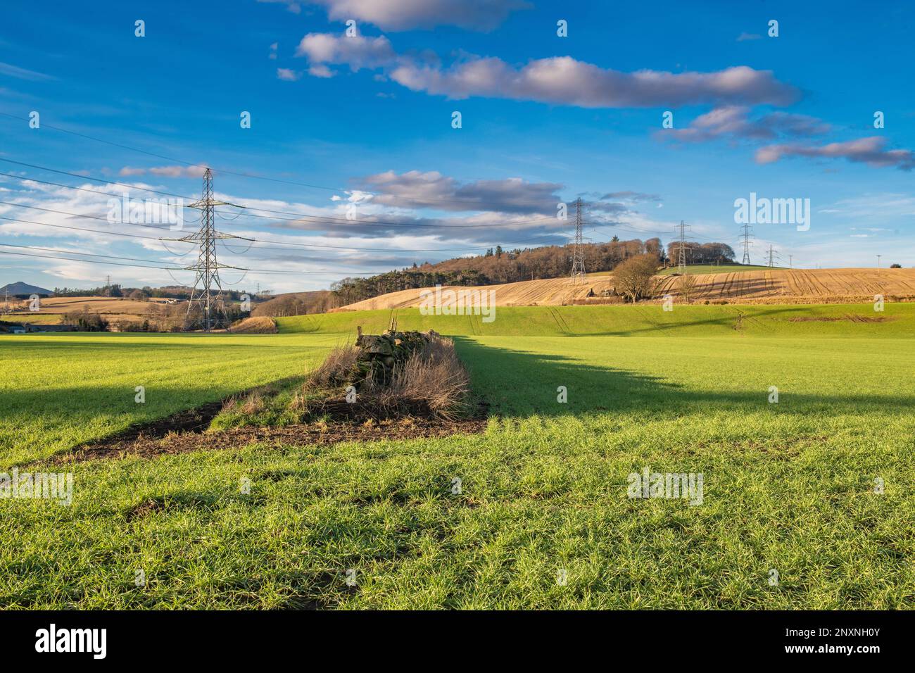 Winter agricultural landscape with a pylon and clouds. Inverurie ...