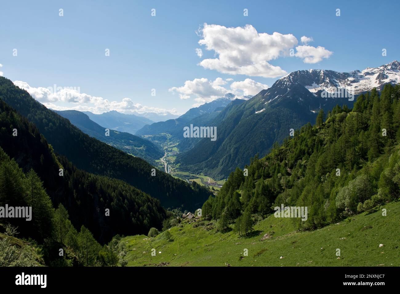 Switzerland, Canton Ticino, Ritom-Piora, View of the valley leventina ...