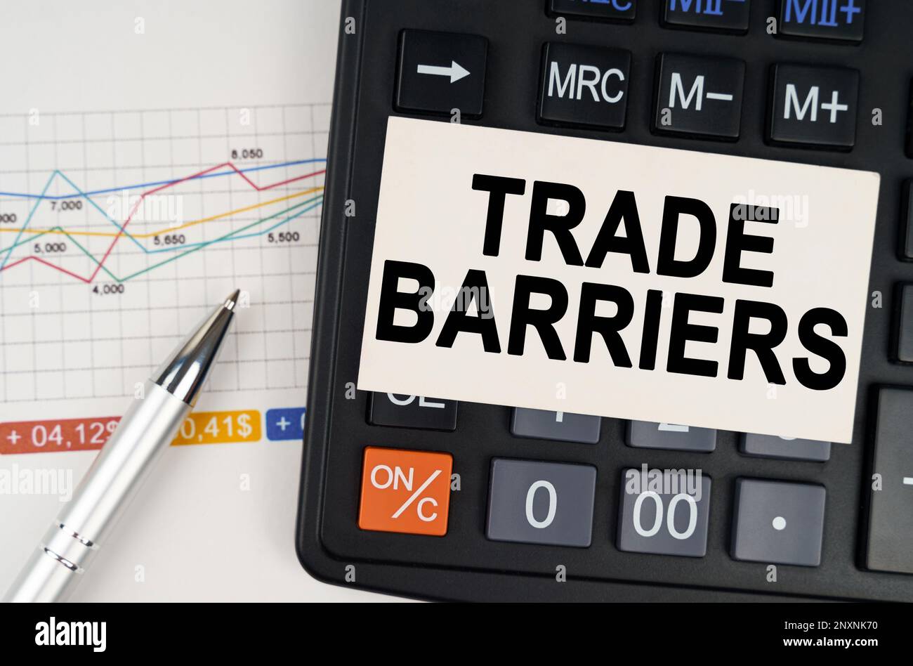 Business concept. On the business chart lies a pen, a calculator and a ...