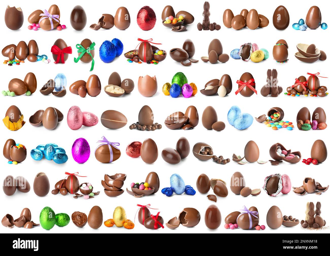 Set of sweet chocolate eggs and bunnies on white background Stock Photo ...