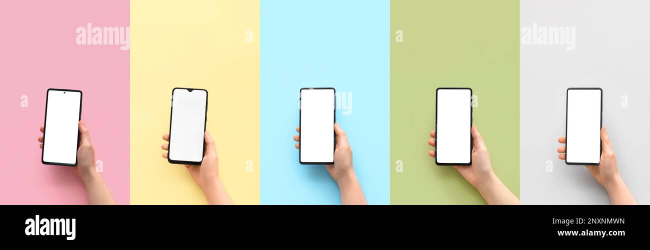 Collage of hands with modern mobile phones on light color background ...