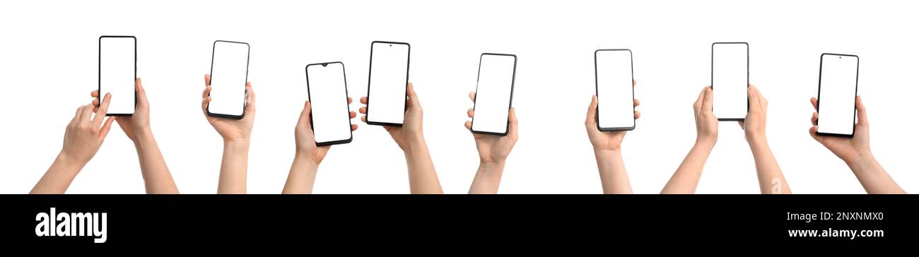 Collage of hands with modern mobile phones on white background Stock ...