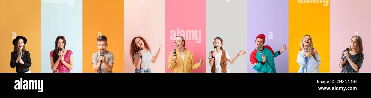 Set of singers with microphones on color background Stock Photo - Alamy