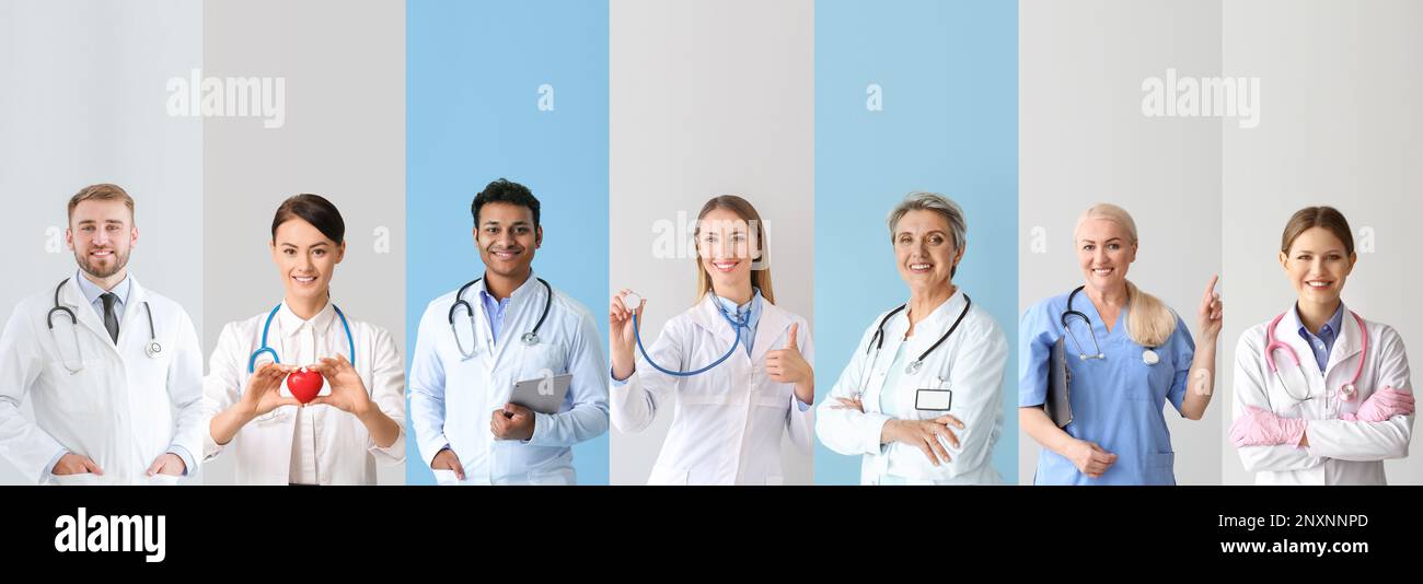 Collage with many doctors on color background Stock Photo - Alamy