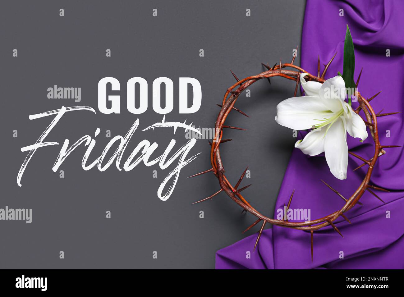 Crown of thorns, lily flower and text GOOD FRIDAY on dark background ...