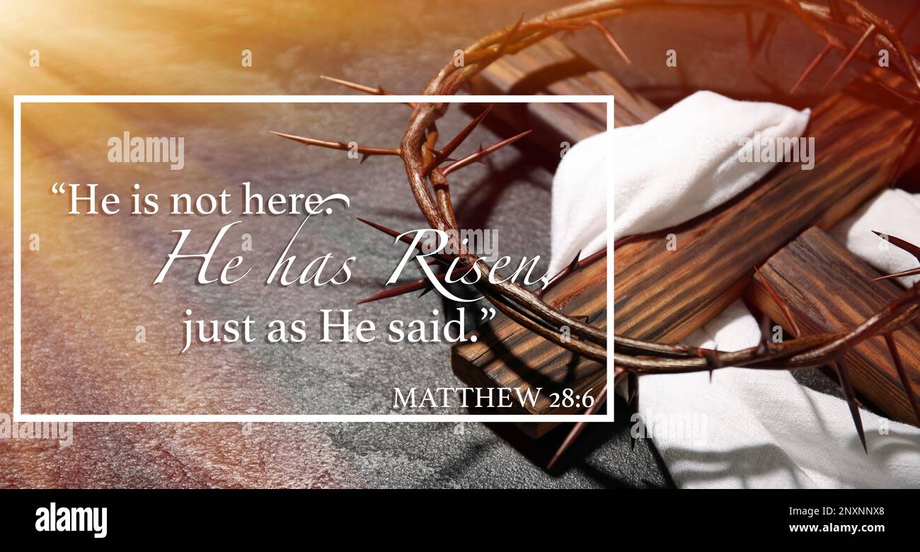 Text HE IS NOT HERE. HE IS RISEN, JUST AS HE SAID with crown of thorns ... Text HE IS NOT HERE. HE IS RISEN, JUST AS HE SAID with crown of thorns ...