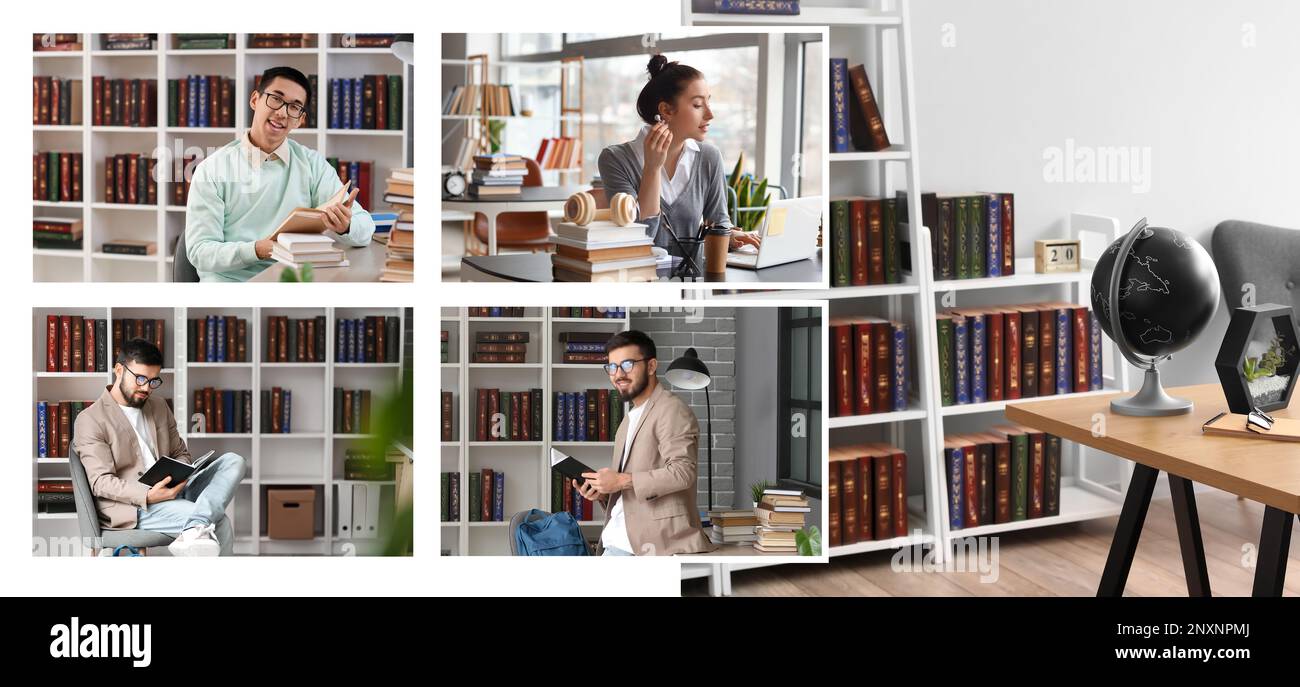 Collection of young people with books in library Stock Photo - Alamy