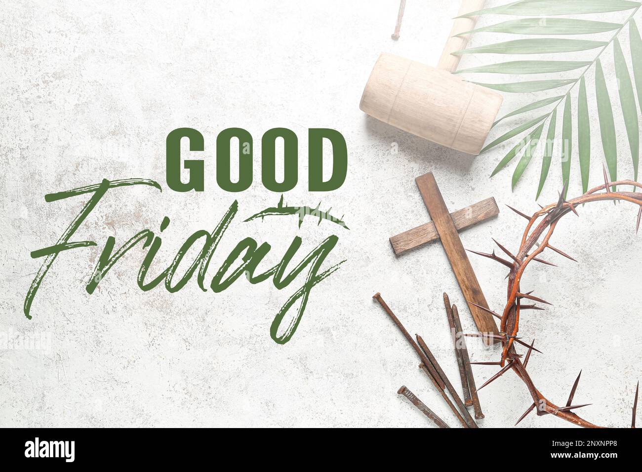 Crown of thorns, cross, nails, mallet and text GOOD FRIDAY on light ...