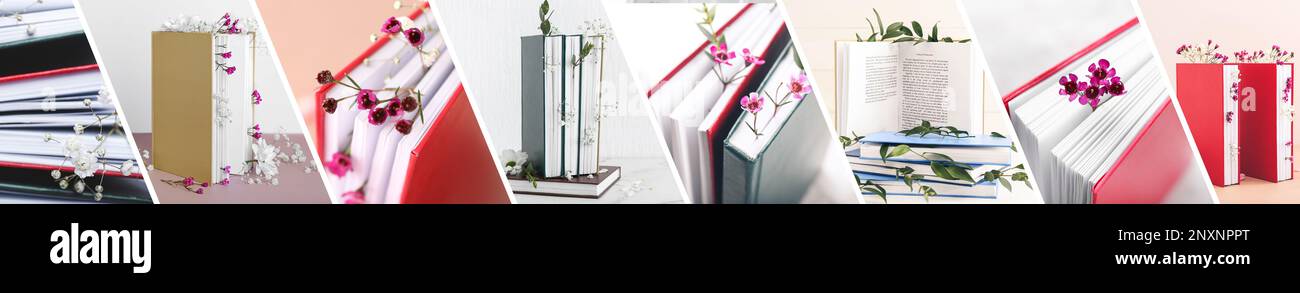 Collage of books with fresh flowers and leaves Stock Photo - Alamy