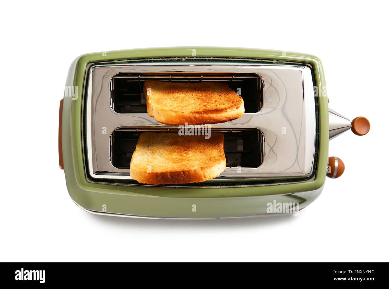 Modern toaster with crispy bread slices on white background Stock Photo ...