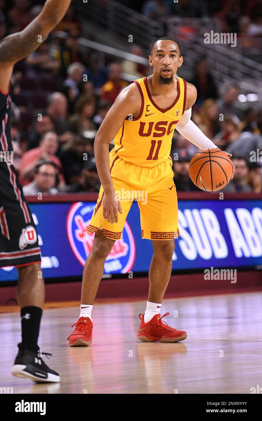LOS ANGELES, CA - JANUARY 14: USC guard Jordan McLaughlin (11) sets up the offense during a ...