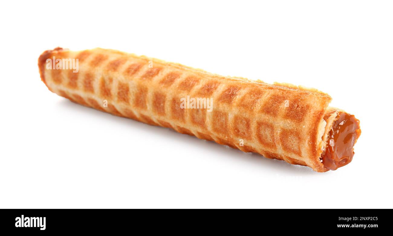 Delicious wafer roll with boiled condensed milk isolated on white ...