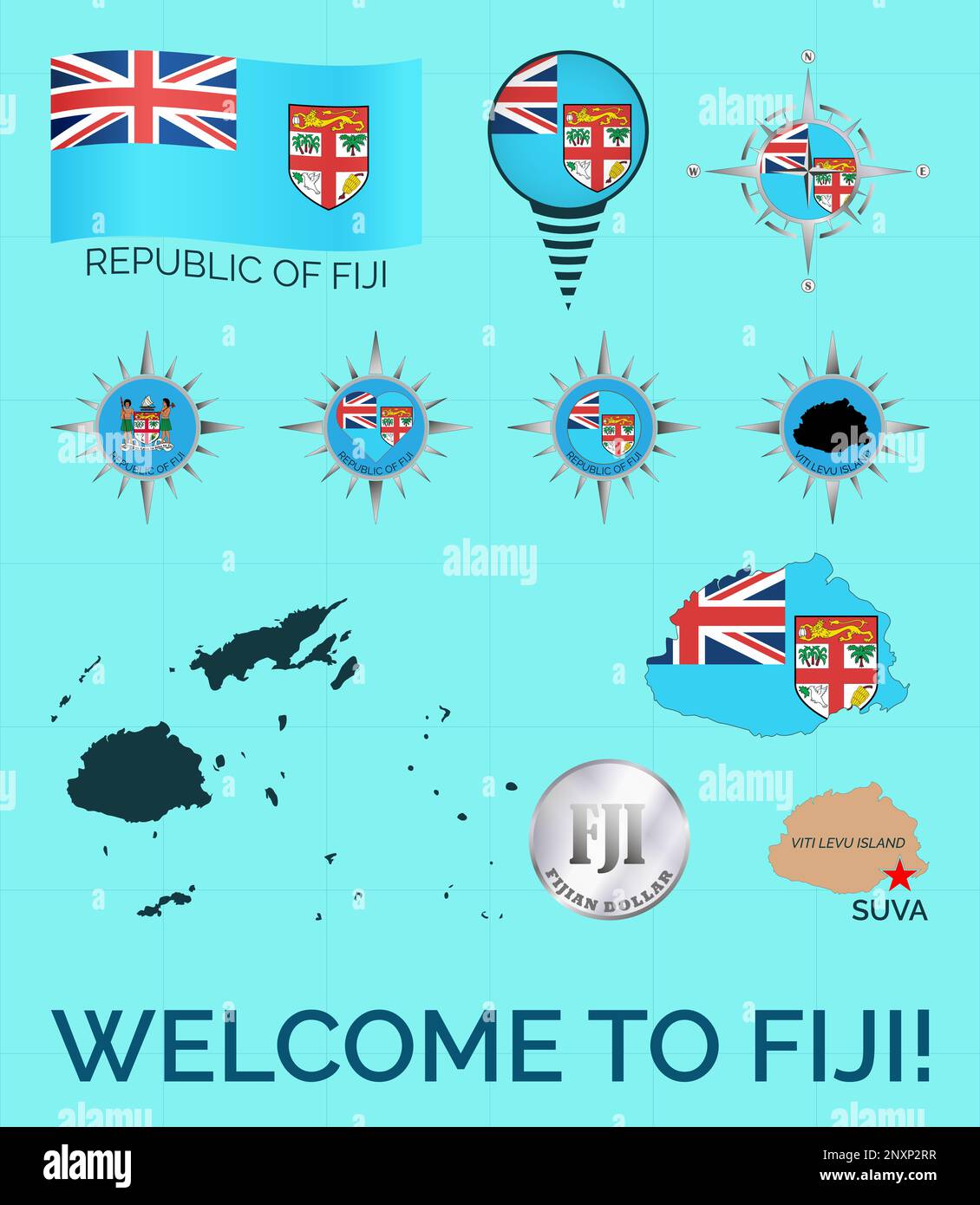 Set of illustrations of flag, contour map, money, icons of Fiji Island ...